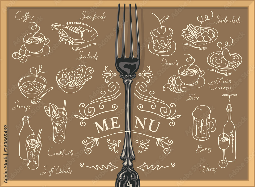 Vector restaurant menu with fork, sketches of different dishes and ...