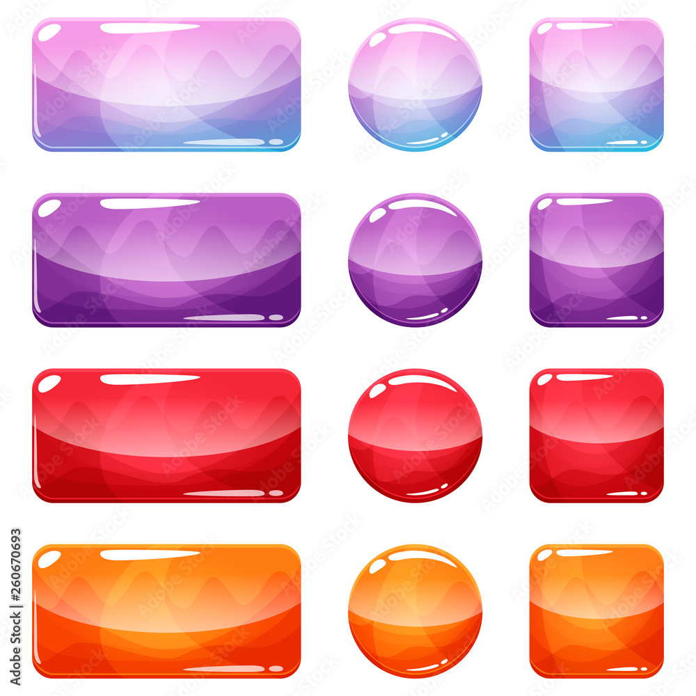 Colorful rounded square, rectangle and circle glossy buttons set ...