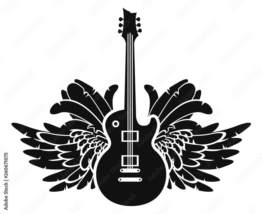 Vector black and white illustration with electric guitar and wings. Can ...