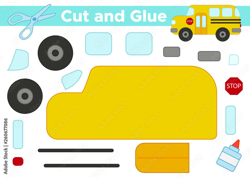Cut and glue, create the image - vector school bus. Educational paper ...