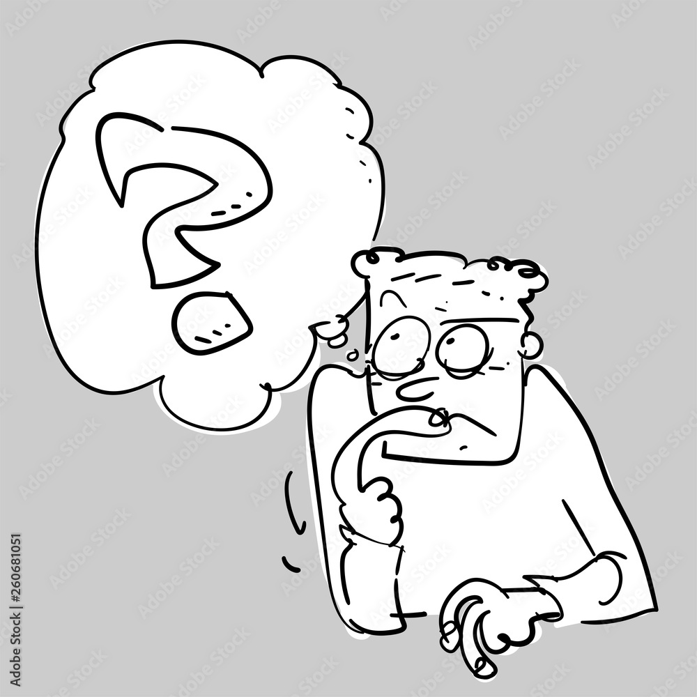 thinking man, speech bubble and question mark cartoon, simple lineart ...