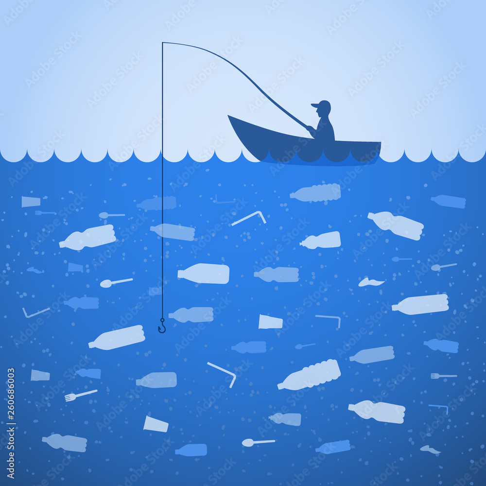 Stop ocean plastic pollution. Ecological poster. Fisherman fishing ...