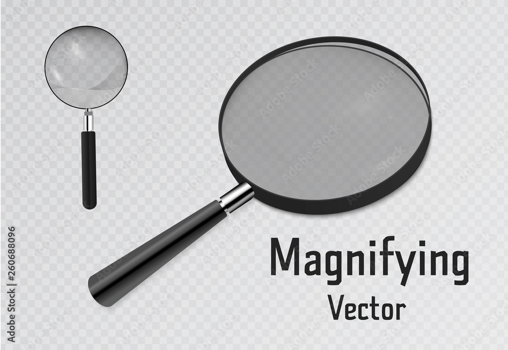 Set of 3D Realistic magnifier. Magnifying glass tool for research and ...