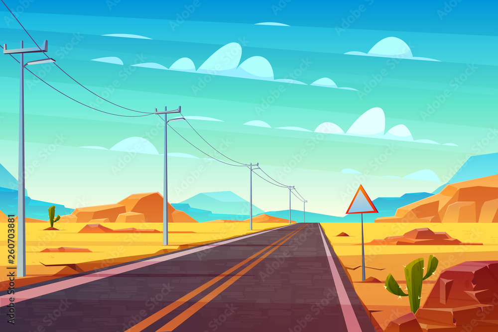 Empty highway road in desert, going far to horizon cartoon vector. Two ...