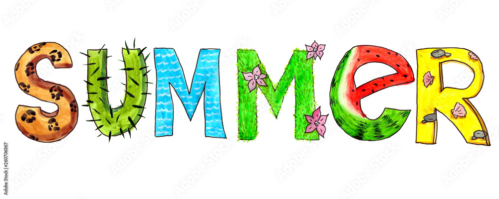 Watercolor drawing word Summer. The word which is laid out from ...