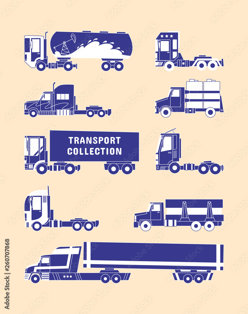 Vector line sketch. Trucks and trailers. Delivery and shipping cargo ...