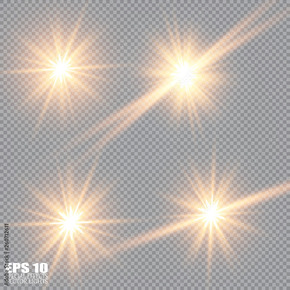 Vector illustration of abstract flare light rays. A set of stars, light ...