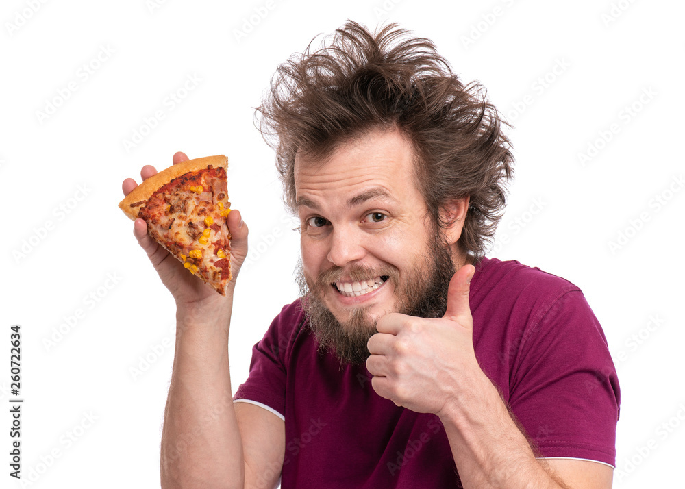 Crazy Bearded Man with funny Haircut. Happy Hungry man Eating Pizza and ...