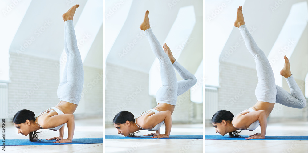 Sporty attractive woman in white sportswear practicing yoga in a gym ...
