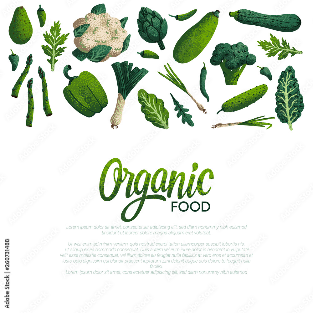 Organic food card design. Variety of decorative green vegetables with ...