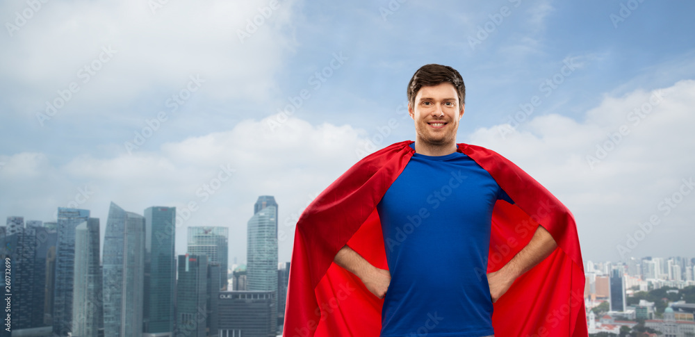super power and people concept - happy young man in red superhero cape ...