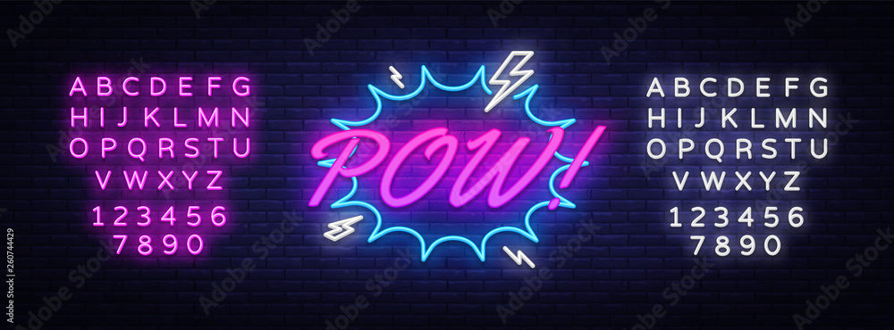 Pow Neon Text Vector. Comic lettering Pow neon sign, design template ...