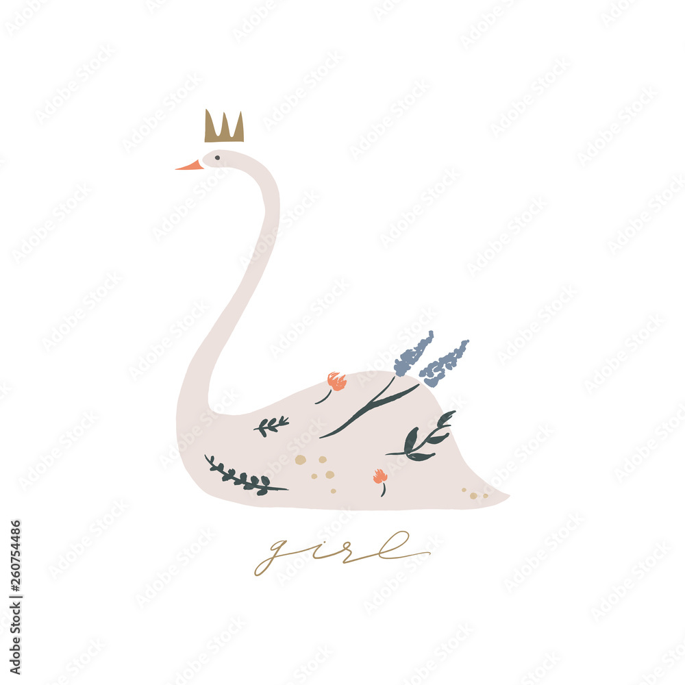 Swan lake. Lettering calligraphy. Girl princess, greeting card poster ...