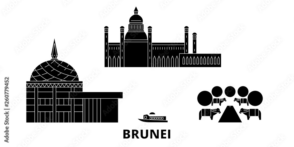 Brunei flat travel skyline set. Brunei black city vector panorama ...