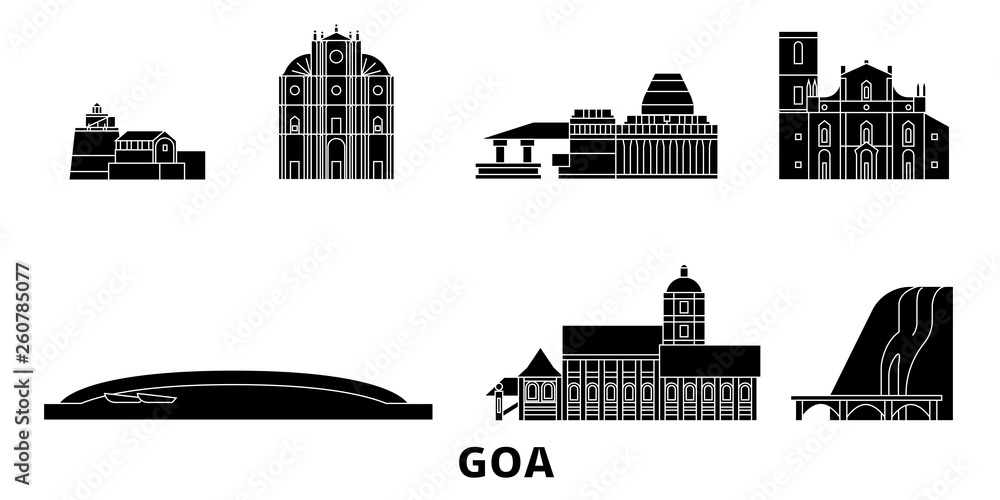 India, Goa flat travel skyline set. India, Goa black city vector ...