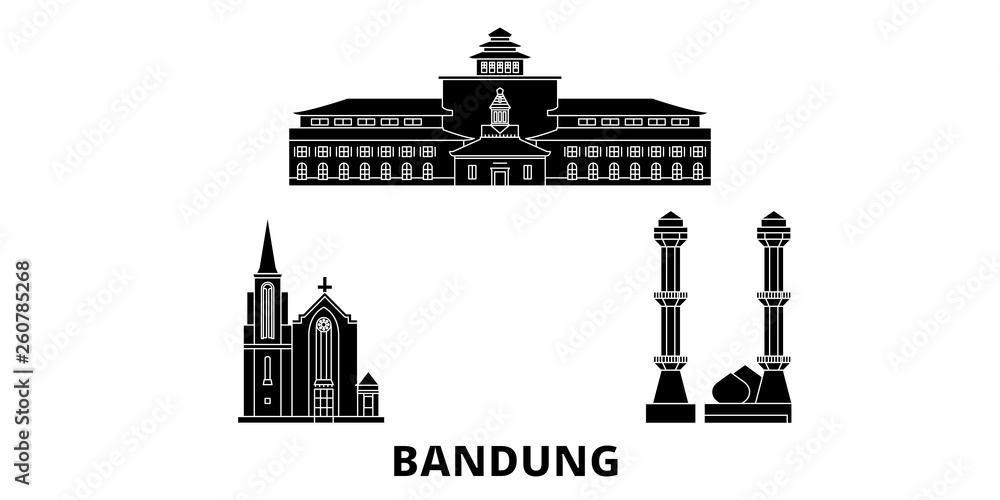 Indonesia, Bandung flat travel skyline set. Indonesia, Bandung black ...