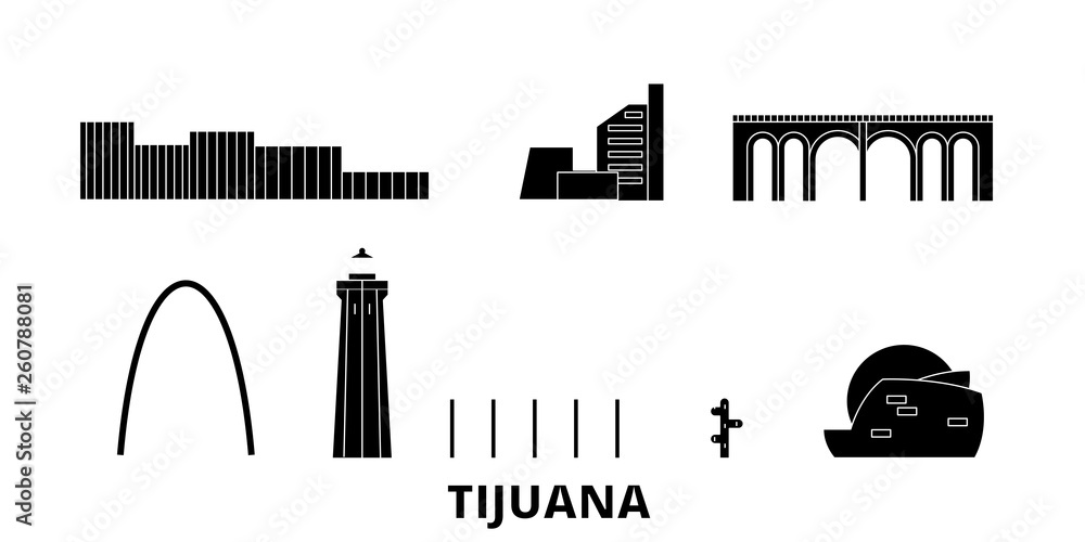 Mexico, Tijuana flat travel skyline set. Mexico, Tijuana black city ...