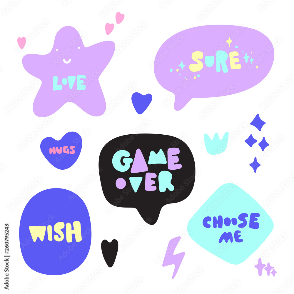 Hand drawn vector illustration of a kawaii funny stickers and phrases ...