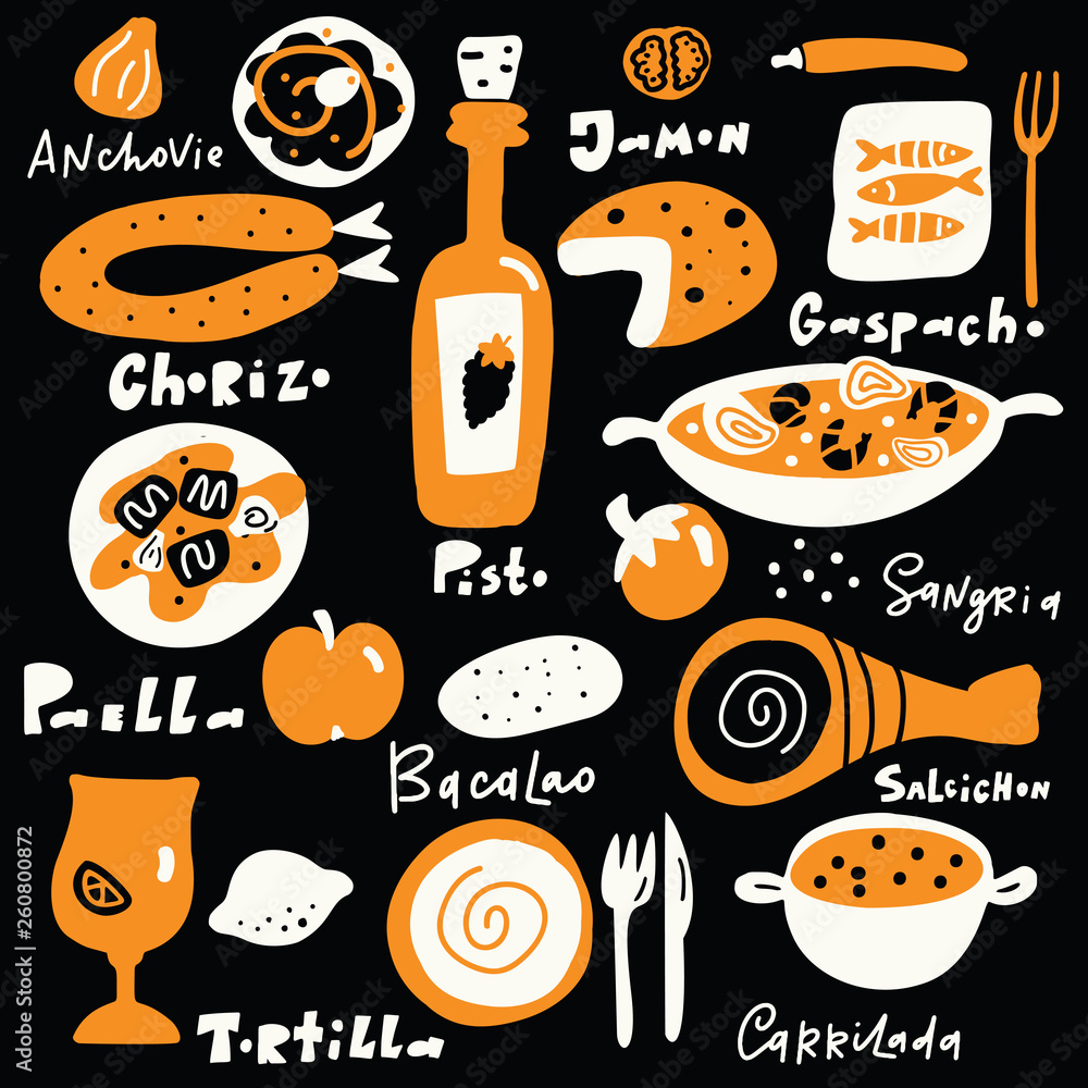 Spanish food. Hand drawn illustration with the names of food, lettering ...