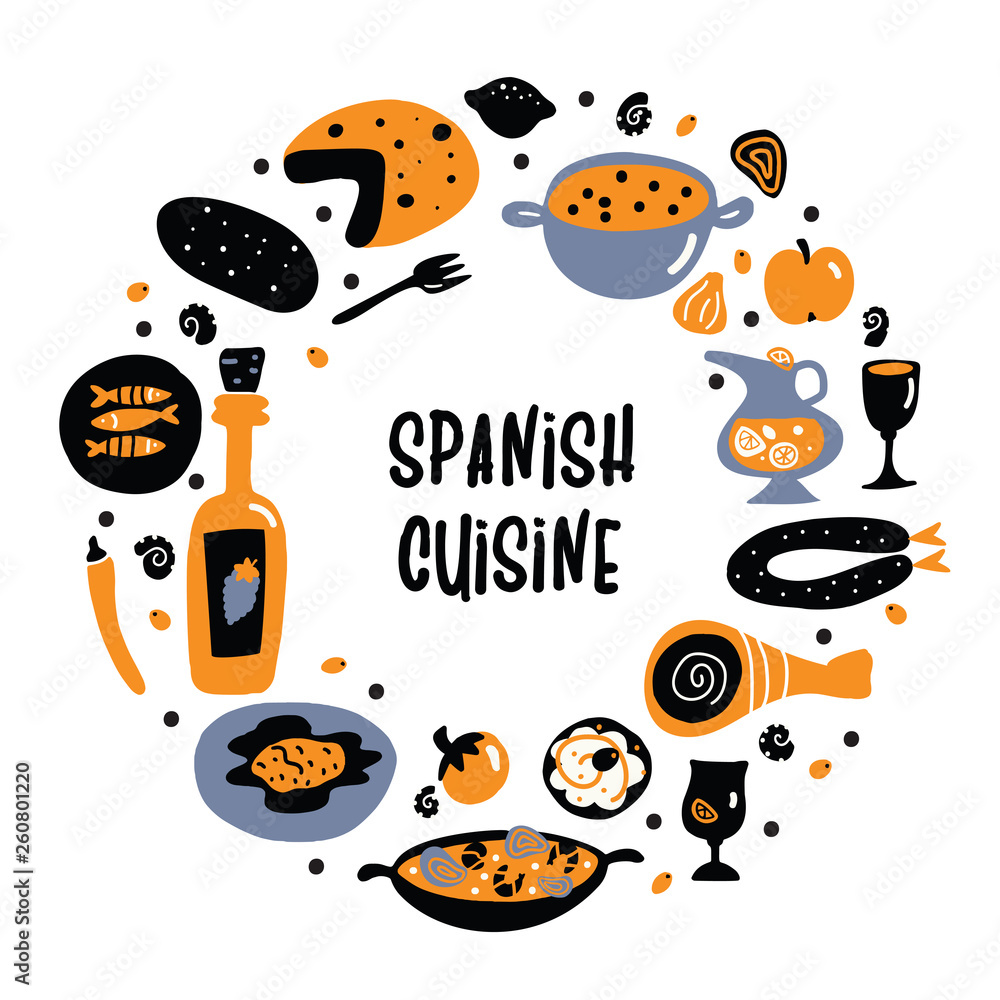 Spanish cuisine. Hand drawn vector food illustration in round ...