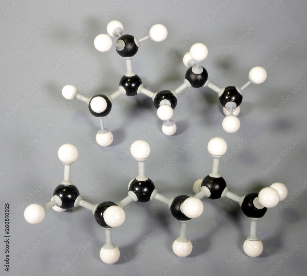 Molecule model of the isomer isohexane and hexane. Both have same ...