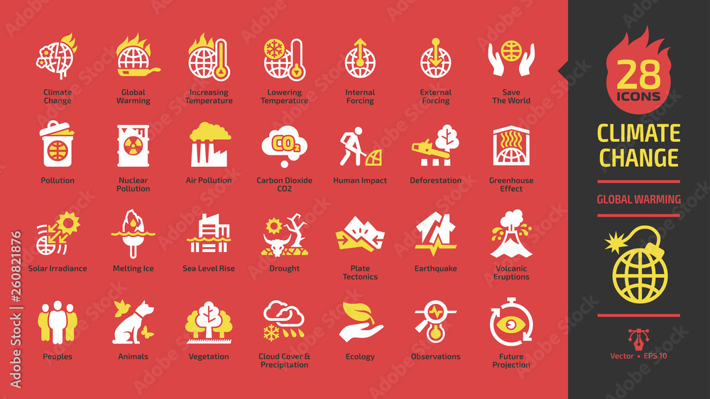 Climate change or global warming white and yellow glyph icon set on a ...