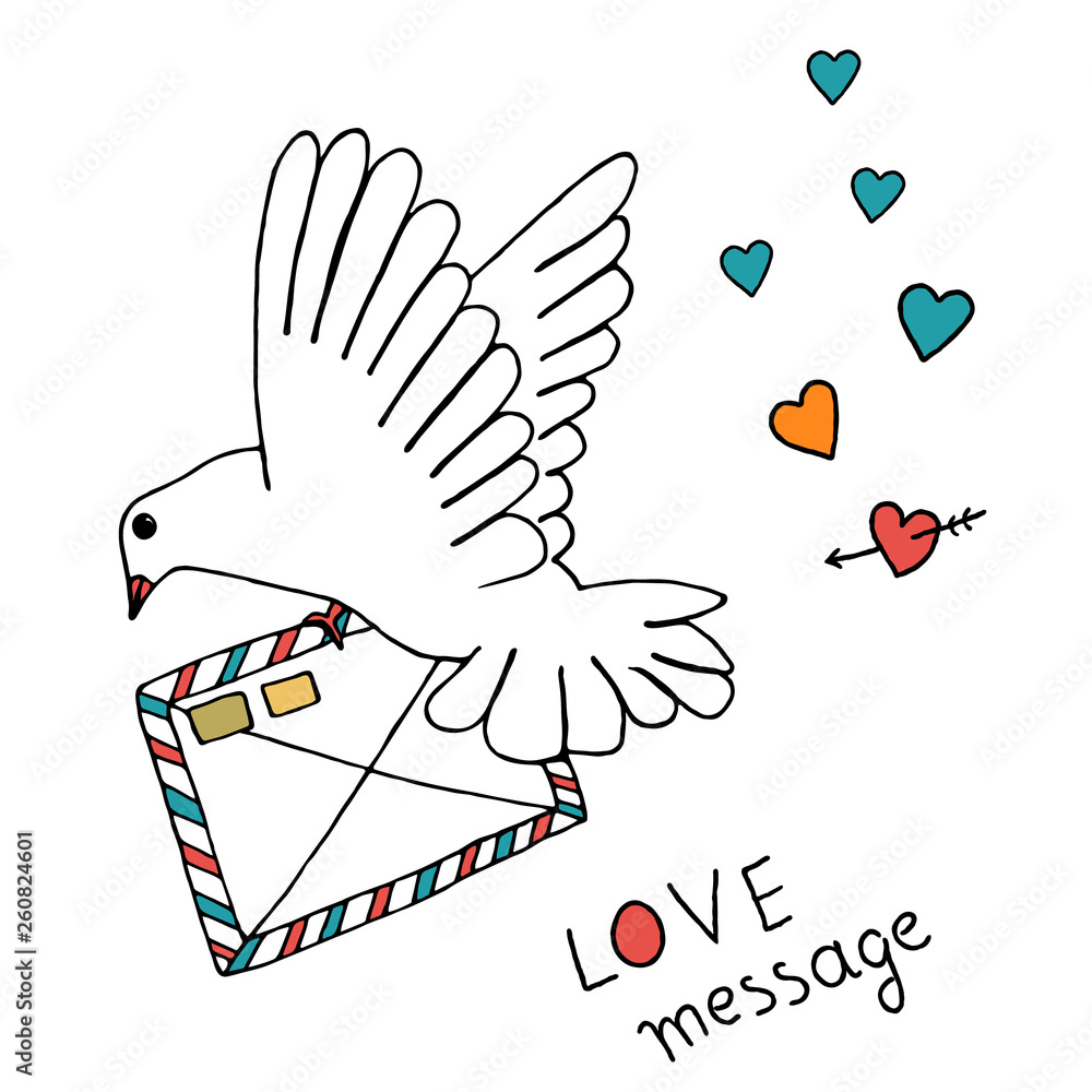 Vector illustration of pigeon carrying a letter with stamps. Hand drawn ...