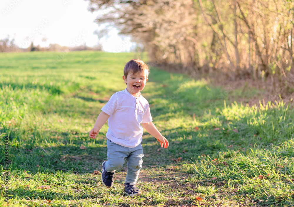 Cute happy smiling little baby boy running on green grass among fields ...