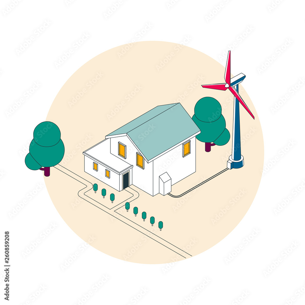 Green energy. Eco friendly modern isometric house. Wind power. Vector ...