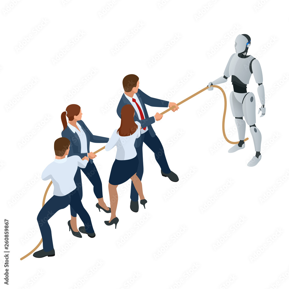 Isometric business people and robot fighting with artificial ...