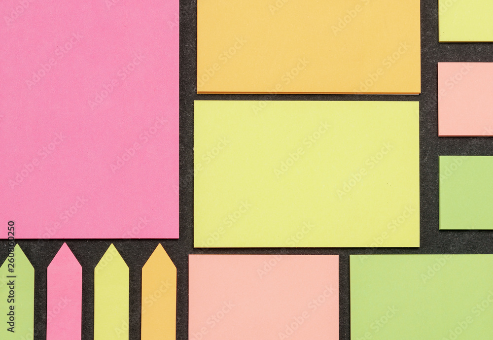 Blank note paper set of different colours forms and sizes. Sticky notes ...