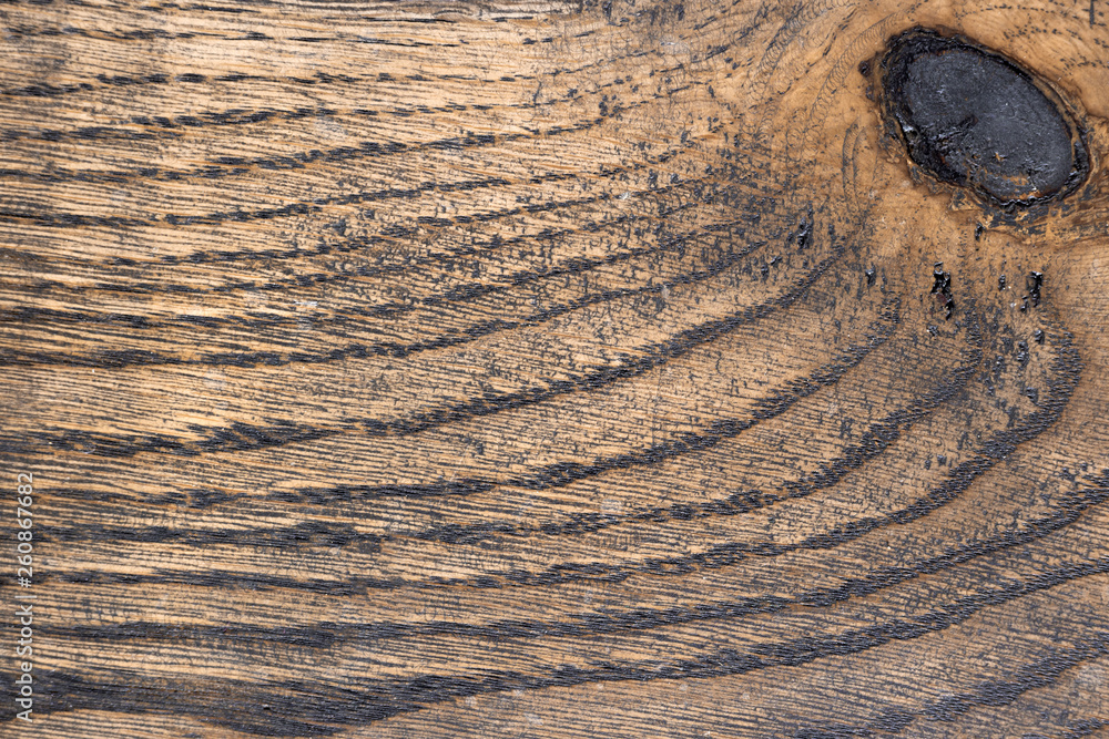 Pickled oak Board with a knot. Beautiful structure of a tree cut close ...