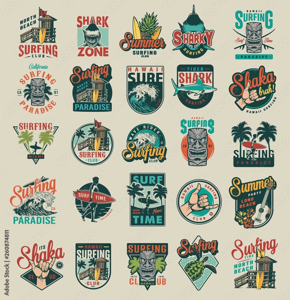 Vintage surfing emblems Stock Vector | Adobe Stock