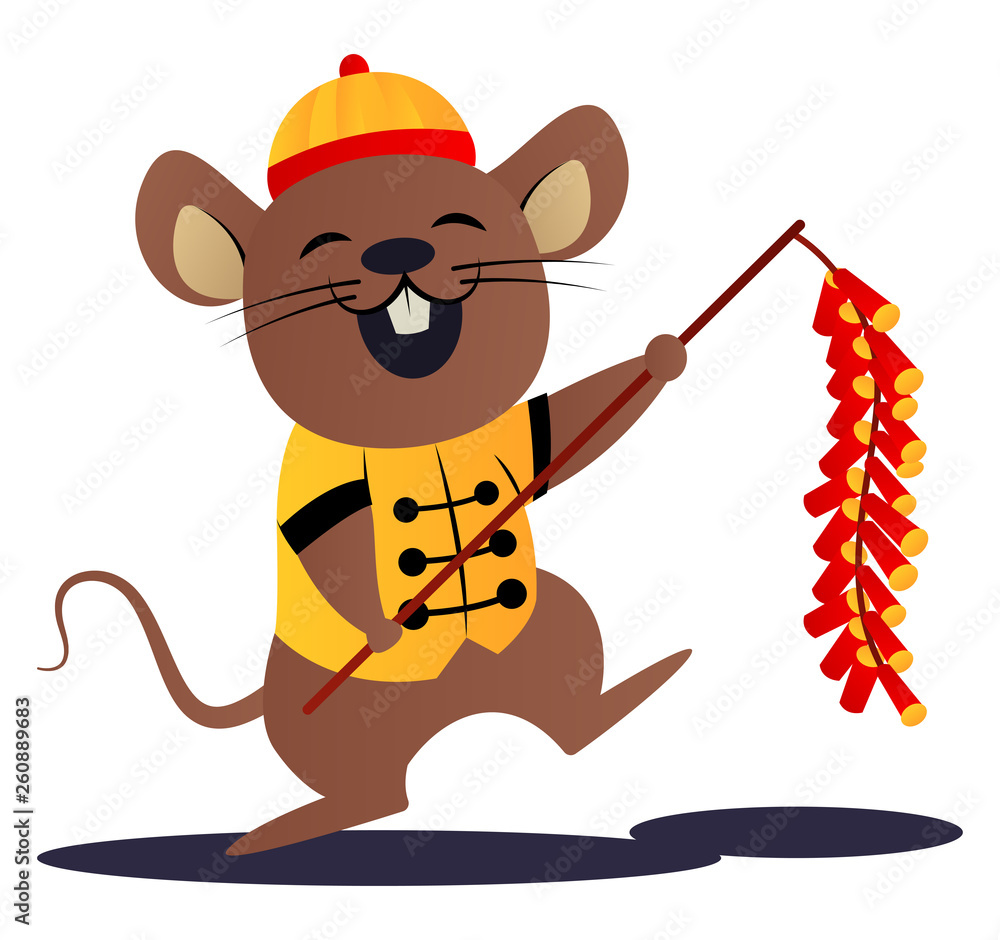 Cartoon mouse in yellow chinese suit vector illustartion on white ...