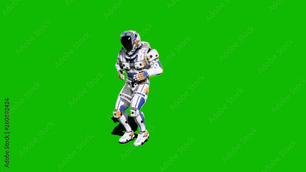 Astronaut-soldier of the future, dancing in front of a green screen. 3D ...