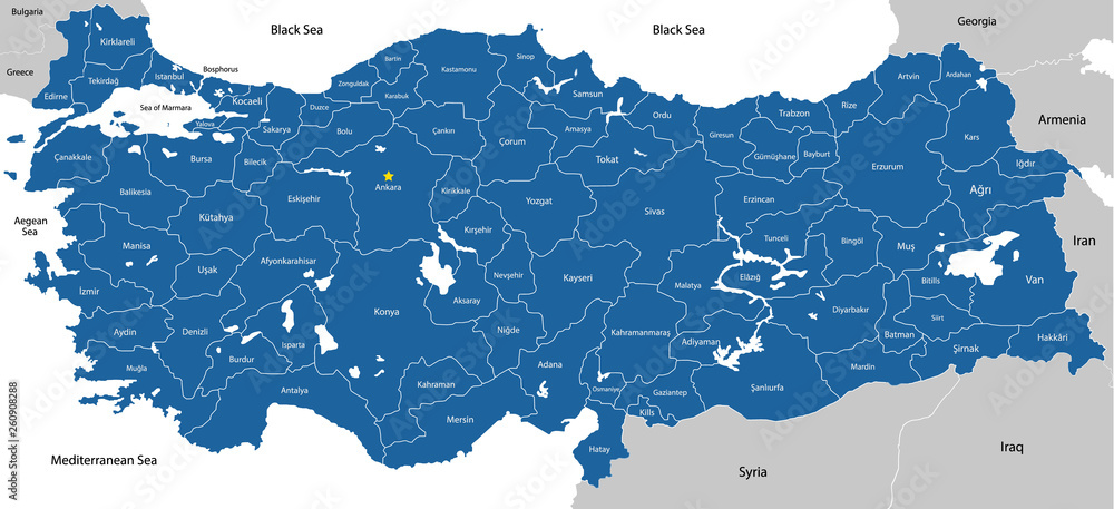 A large, colorful and detailed map of Turkey with all regions ...