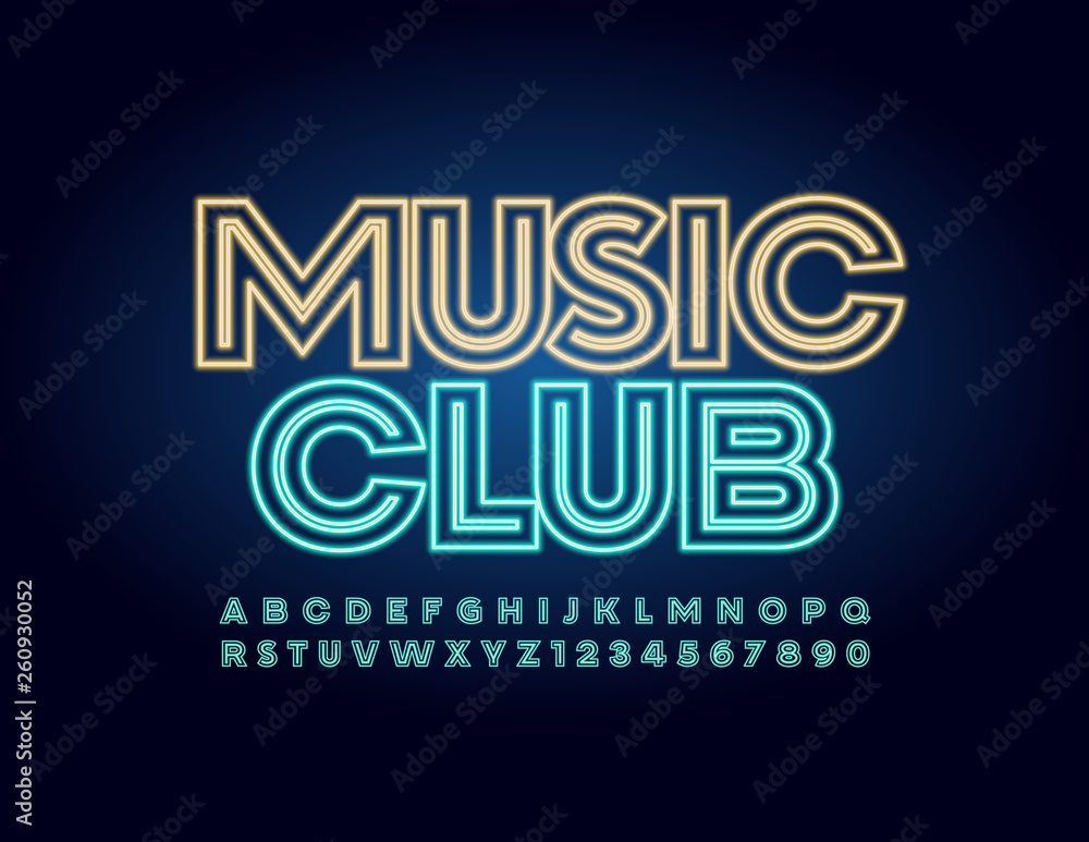 Vector neon Sign Music Club. Glowing light Alphabet Letters, Numbers ...