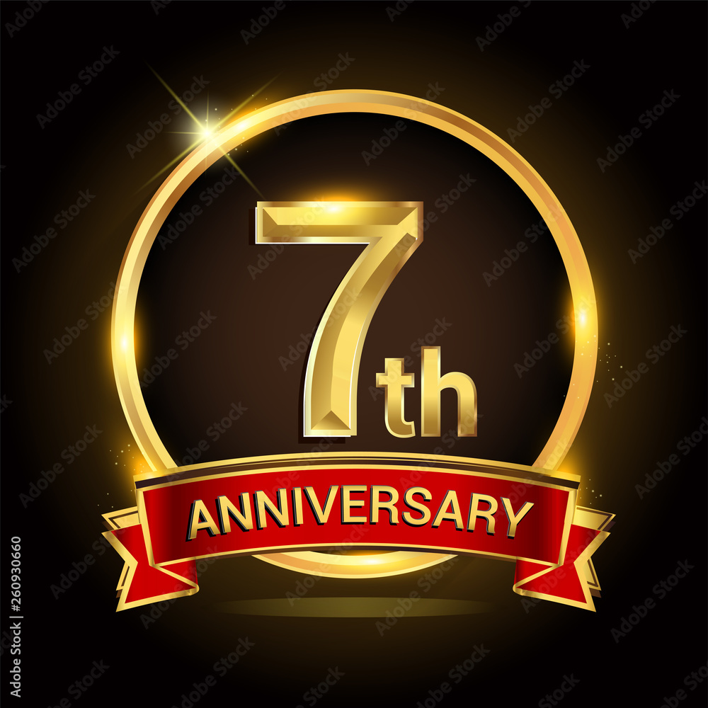 7th golden anniversary logo with ring and red ribbon isolated on black ...