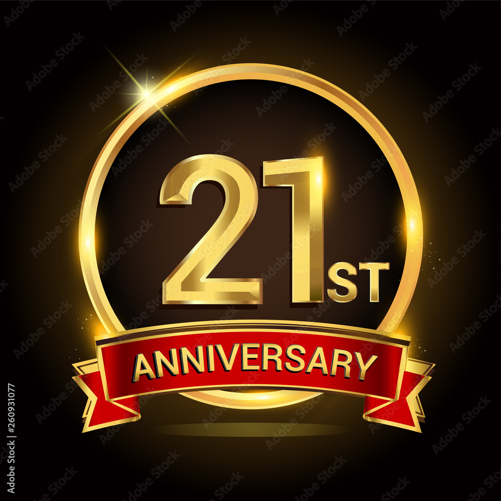 21st golden anniversary logo with ring and red ribbon isolated on black ...