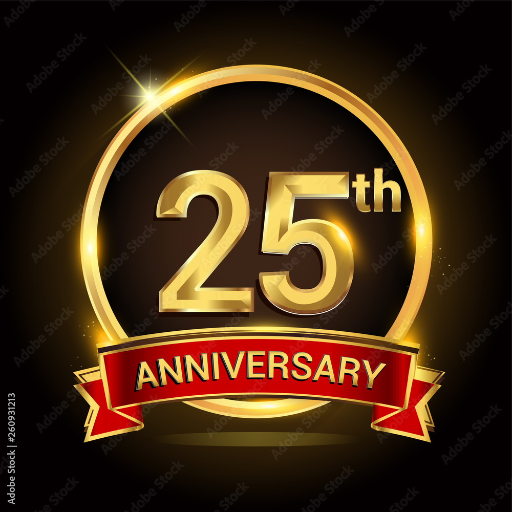 25th golden anniversary logo with ring and red ribbon isolated on black ...