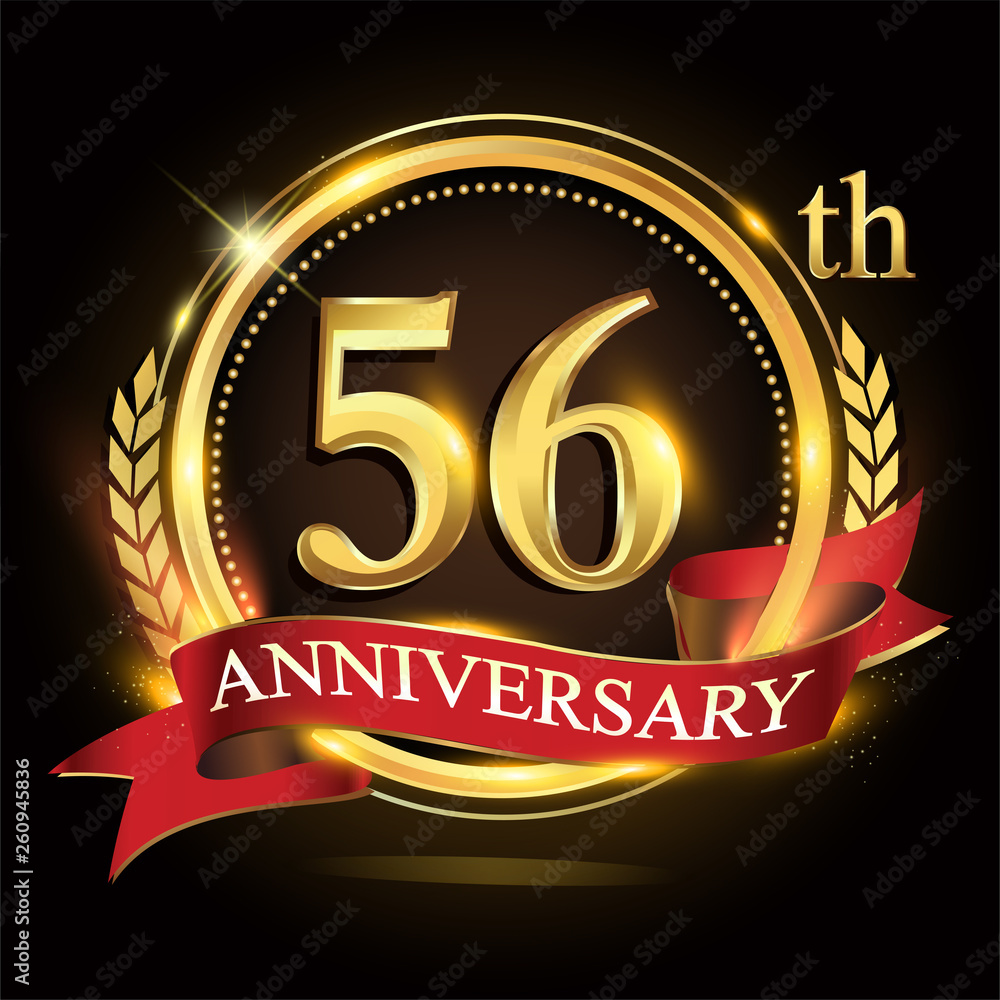56th golden anniversary logo, with shiny ring and red ribbon, laurel ...