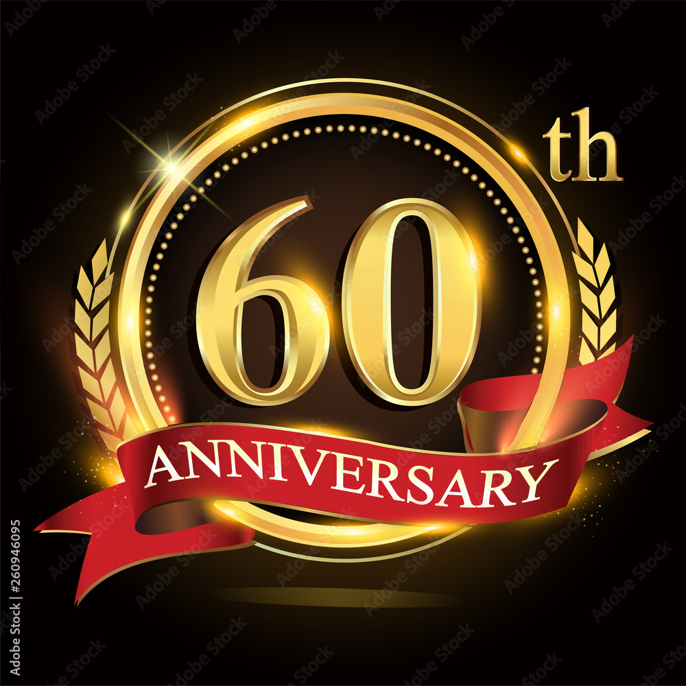 60th golden anniversary logo, with shiny ring and red ribbon, laurel ...