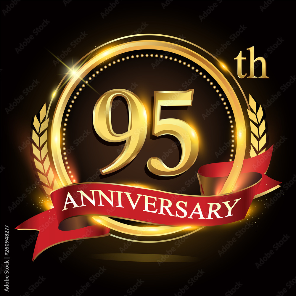 95th golden anniversary logo, with shiny ring and red ribbon, laurel ...