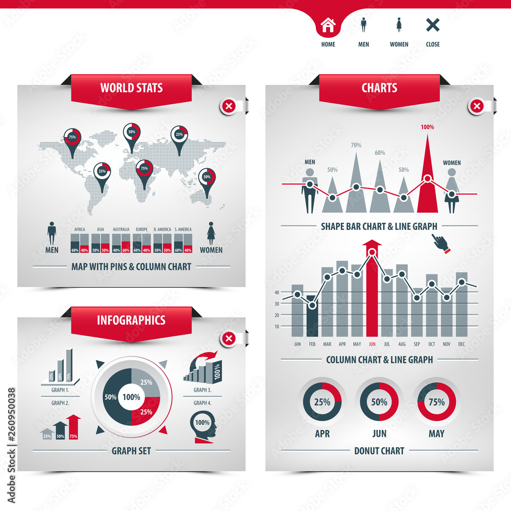 set of charts and graphs containing world map with pins, location signs ...