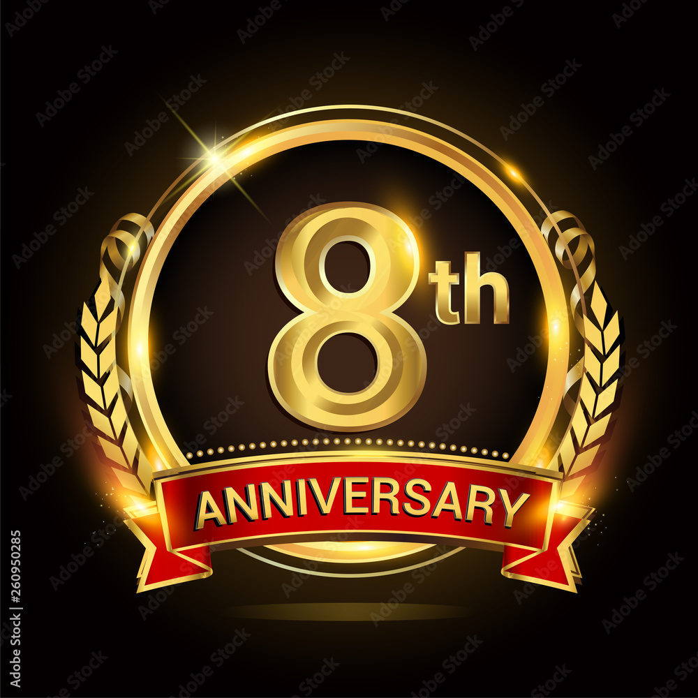 8th golden anniversary logo, with shiny ring and red ribbon, laurel ...