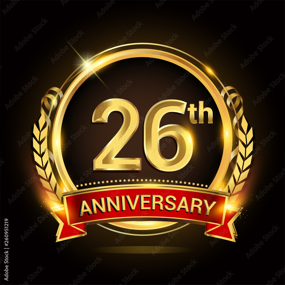 26th golden anniversary logo, with shiny ring and red ribbon, laurel ...