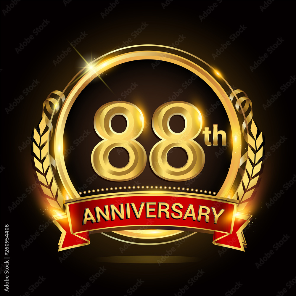 88th golden anniversary logo, with shiny ring and red ribbon, laurel ...