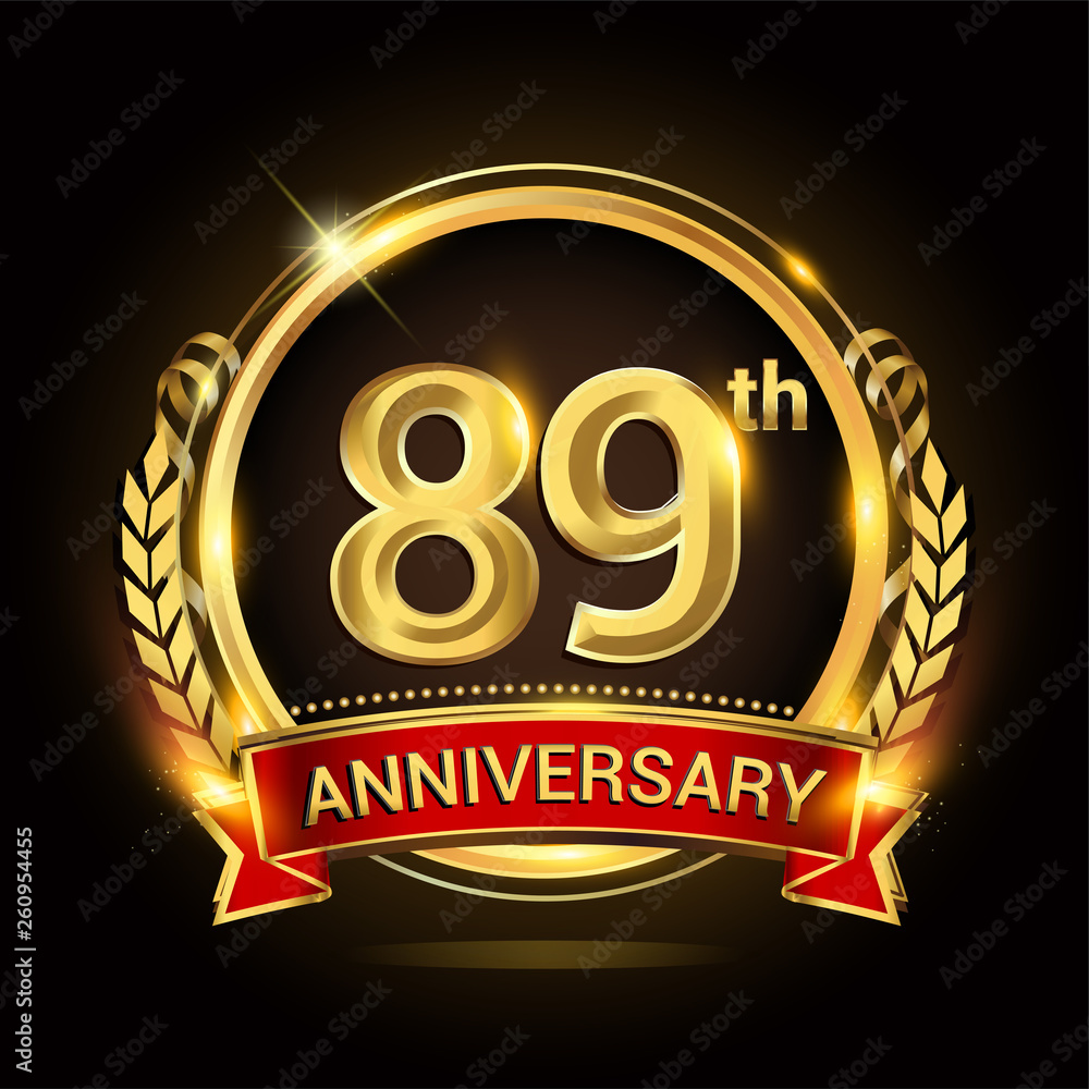 89th golden anniversary logo, with shiny ring and red ribbon, laurel ...