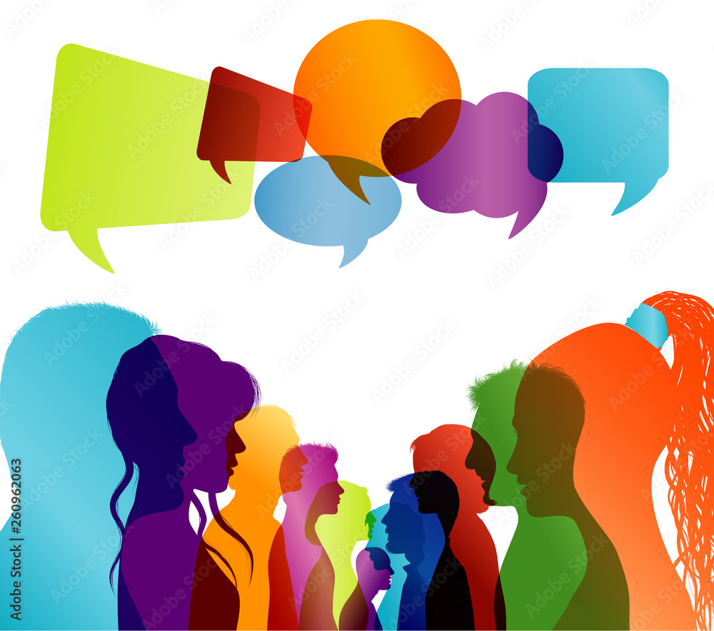 Group of isolated multicolored people talking. Faces silhouette head ...