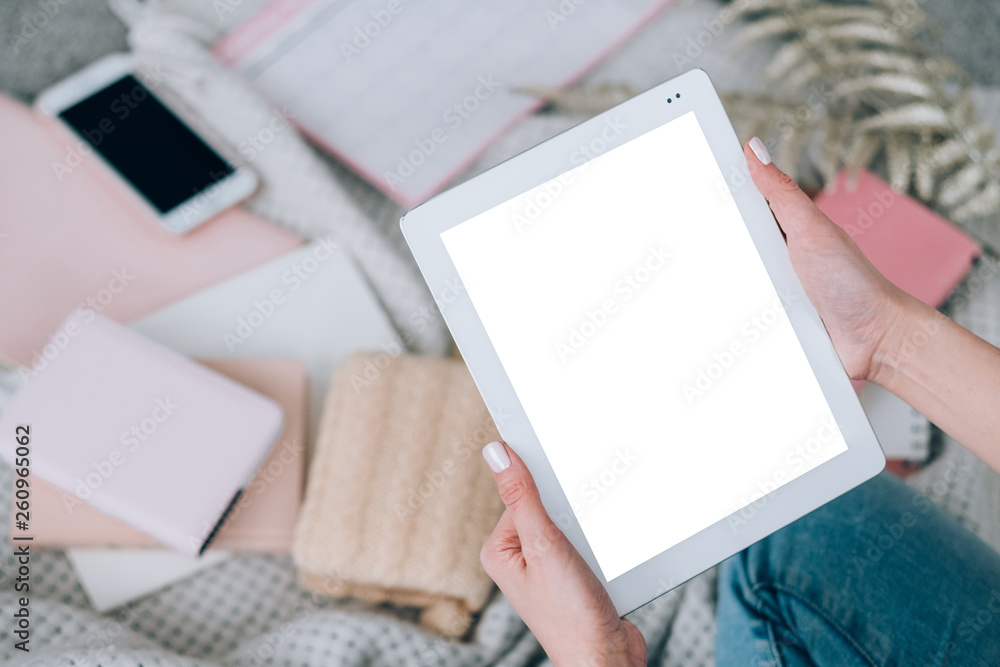 Online personal business branding. Social media influencer. Tablet ...